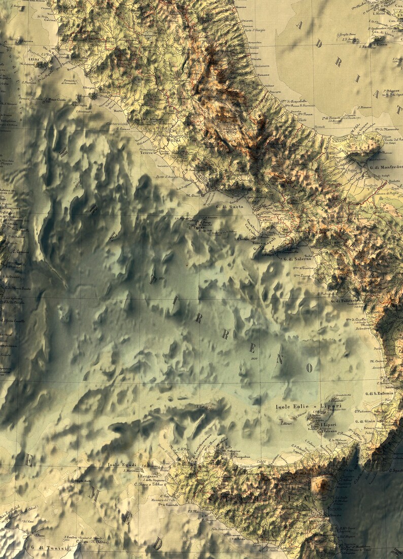 Italy Bathymetric Map, Italy 2D Relief Map, Italy Vintage Map, Italy ...