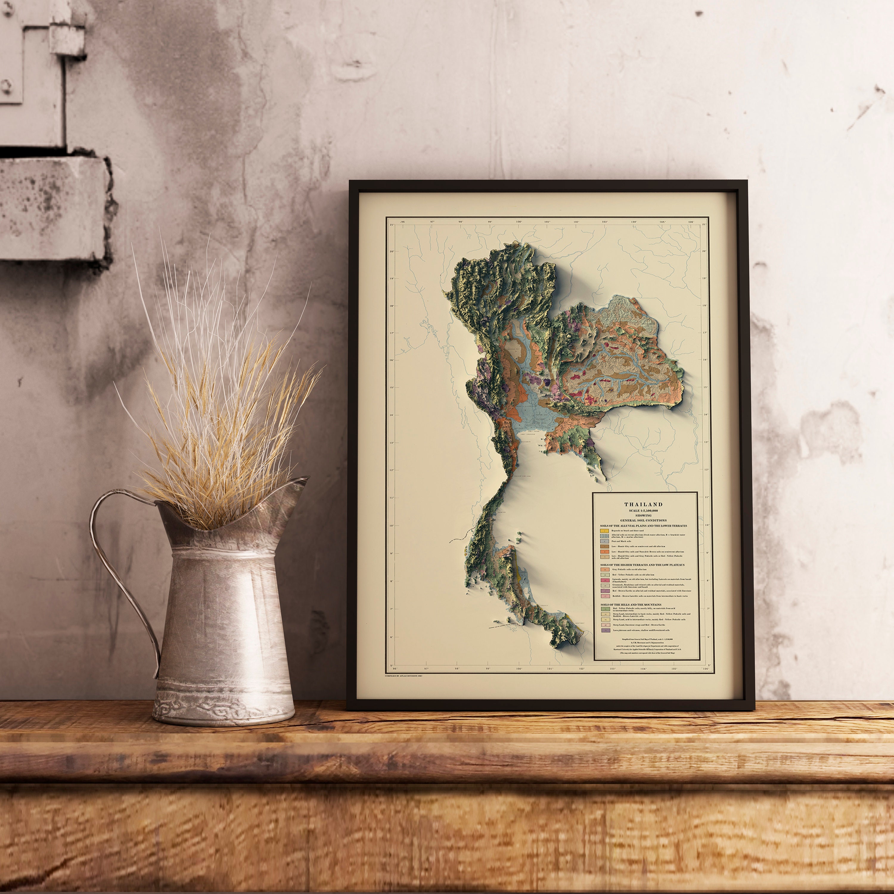Thailand Map, Thailand 2D Relief Map, Thailand Vintage Gift Map ...