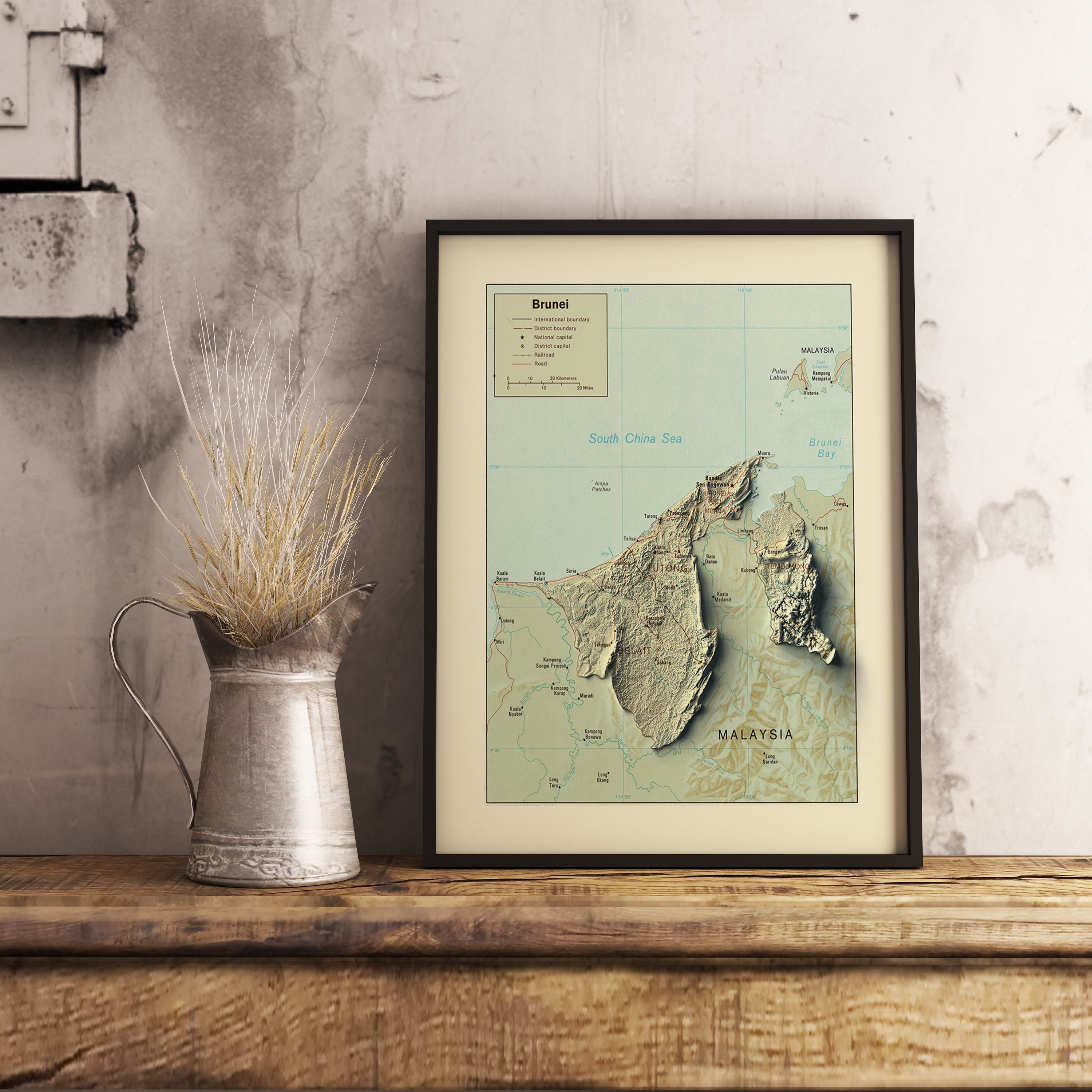 Brunei Map, Brunei 2D Relief Map, Brunei Vintage Map, Brunei Poster ...