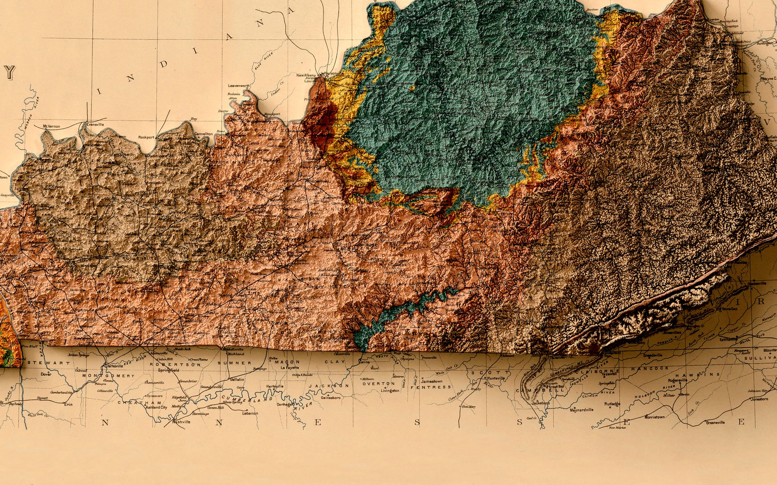 Kentucky Map, Kentucky 2D Relief Map, Kentucky Vintage Map, Kentucky ...