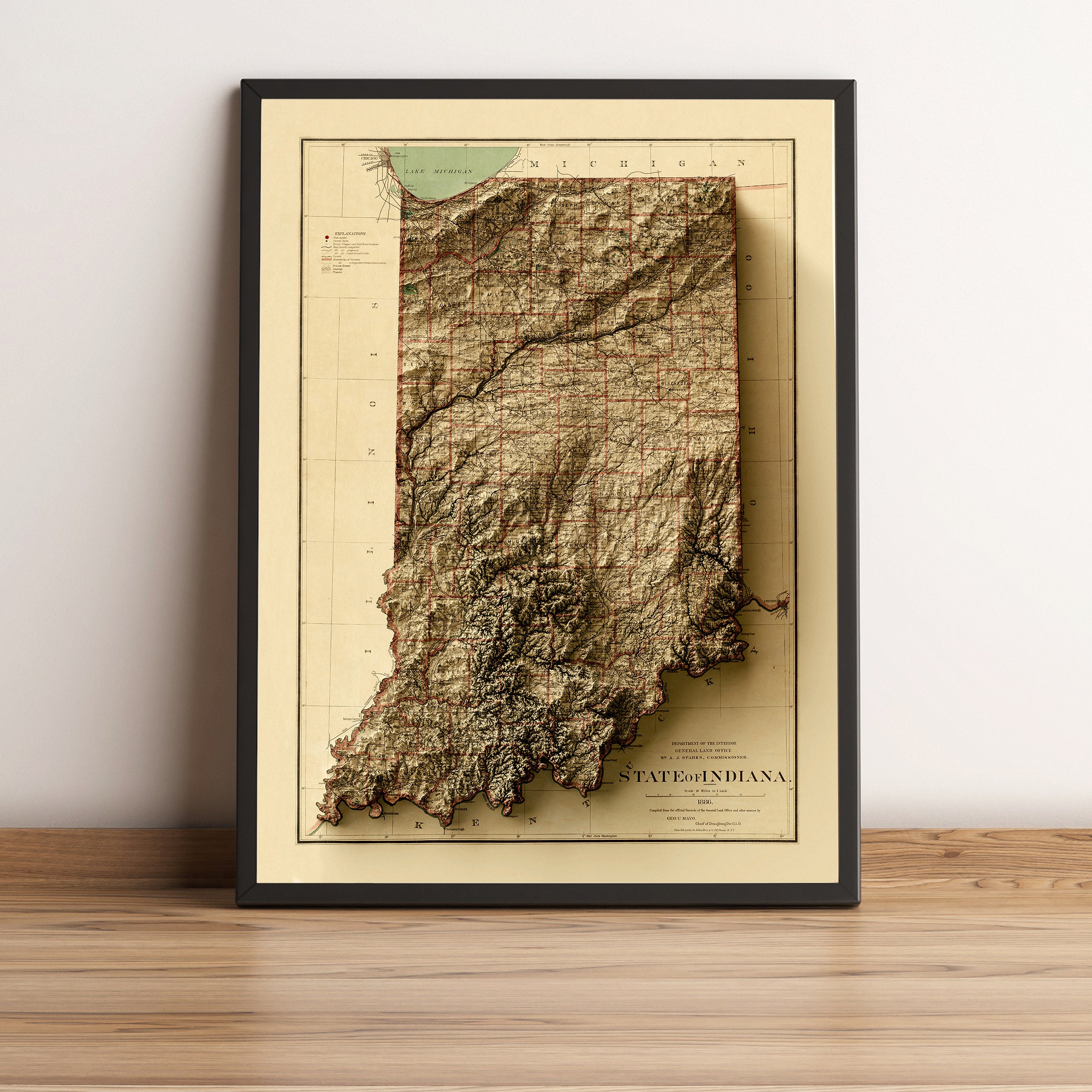 Indiana Map Indiana 2D Relief Map Indiana Vintage Print Map - Etsy