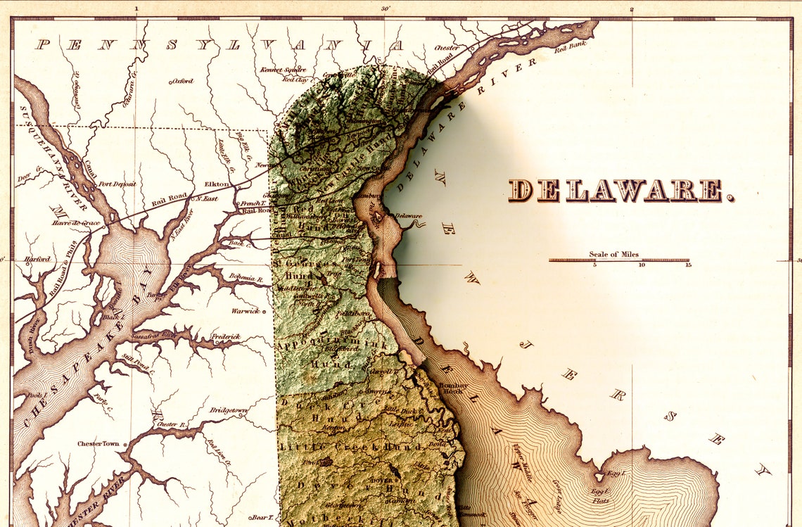 Delaware Map Delaware 2D Relief Map Delaware Vintage Map - Etsy