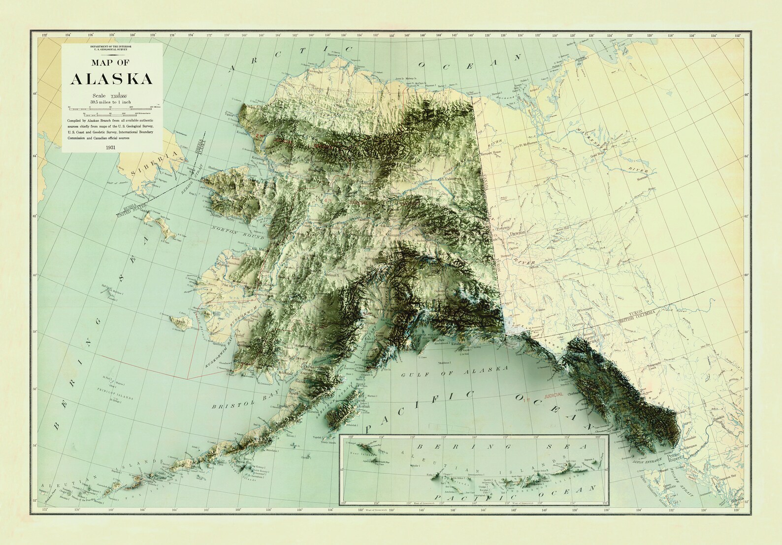 Alaska Map Alaska 2D Relief Map Alaska Historical Map - Etsy