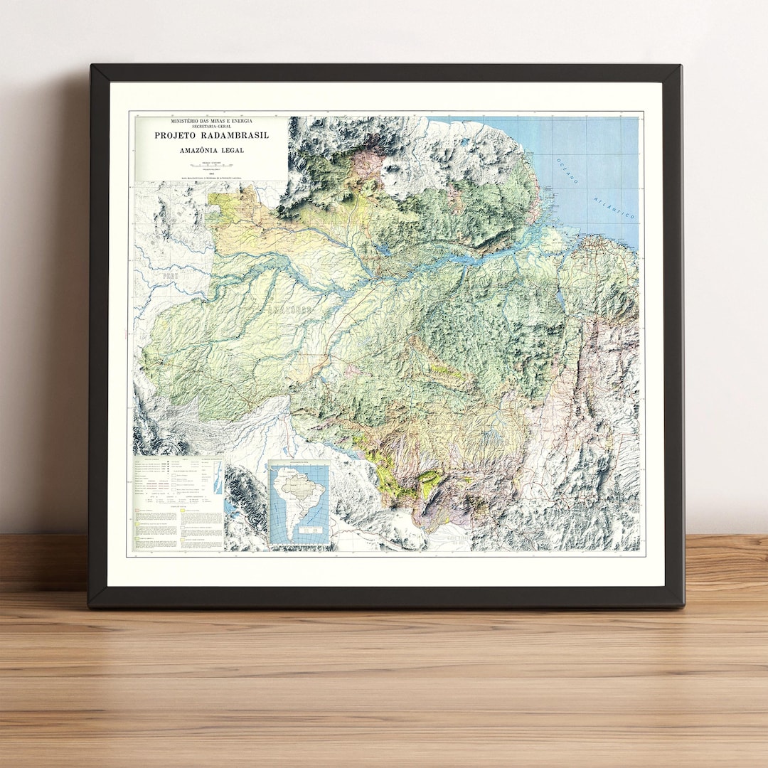 Amazon Rainforest Map, Amazon Brazil 2D Relief Map, Amazon Vintage Map ...