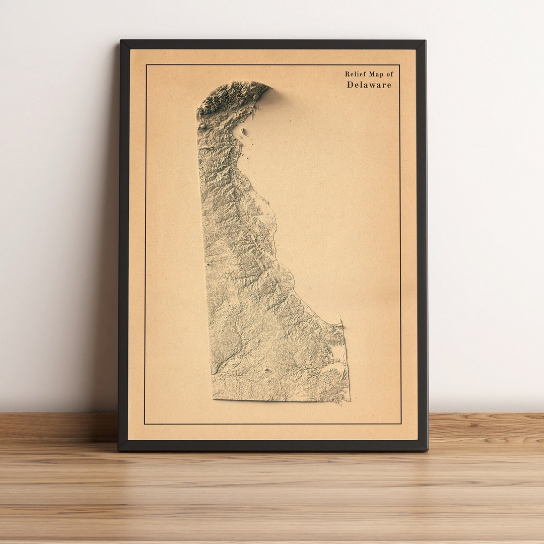Delaware Map, Delaware 2D Relief Map, Delaware Framed Map, Delaware ...