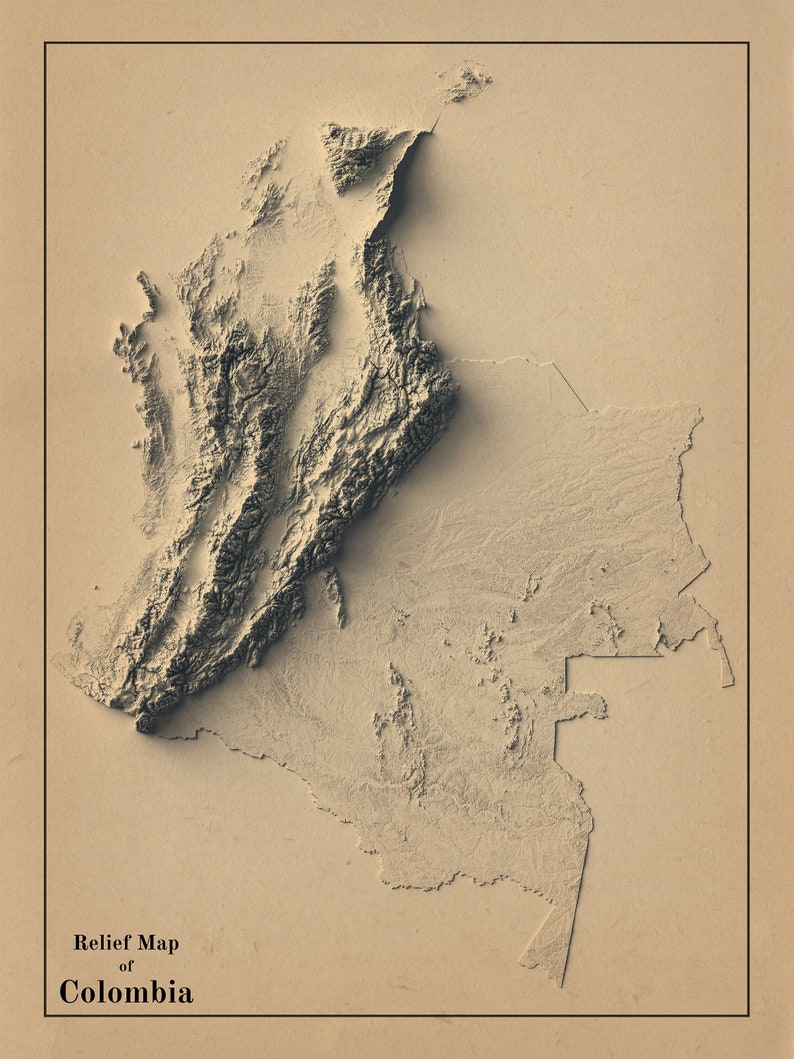 Colombia Map Colombia 2D Relief Map Colombia Vintage Map - Etsy