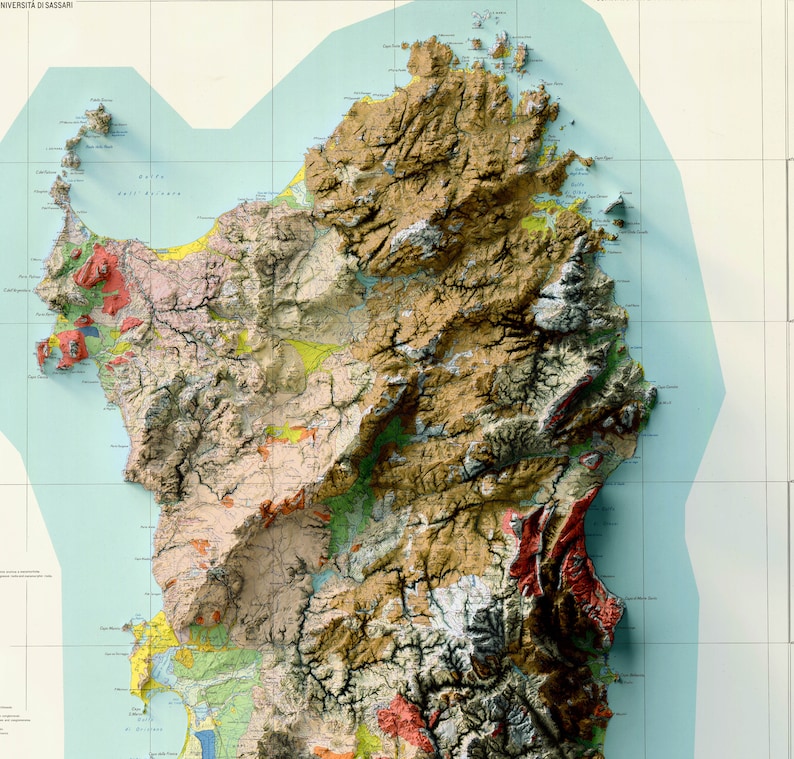 Sardinia Map, Sardegna Map, Sardinia 2D Relief Map, Sardinia Vintage ...