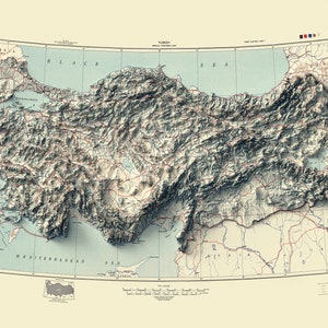 Turkey Map Turkey 2D Relief Map Turkey Vintage Map Turkey - Etsy