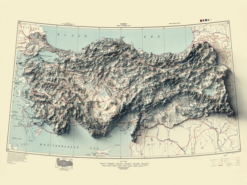 Turkey Map Turkey 2D Relief Map Turkey Vintage Map Turkey - Etsy