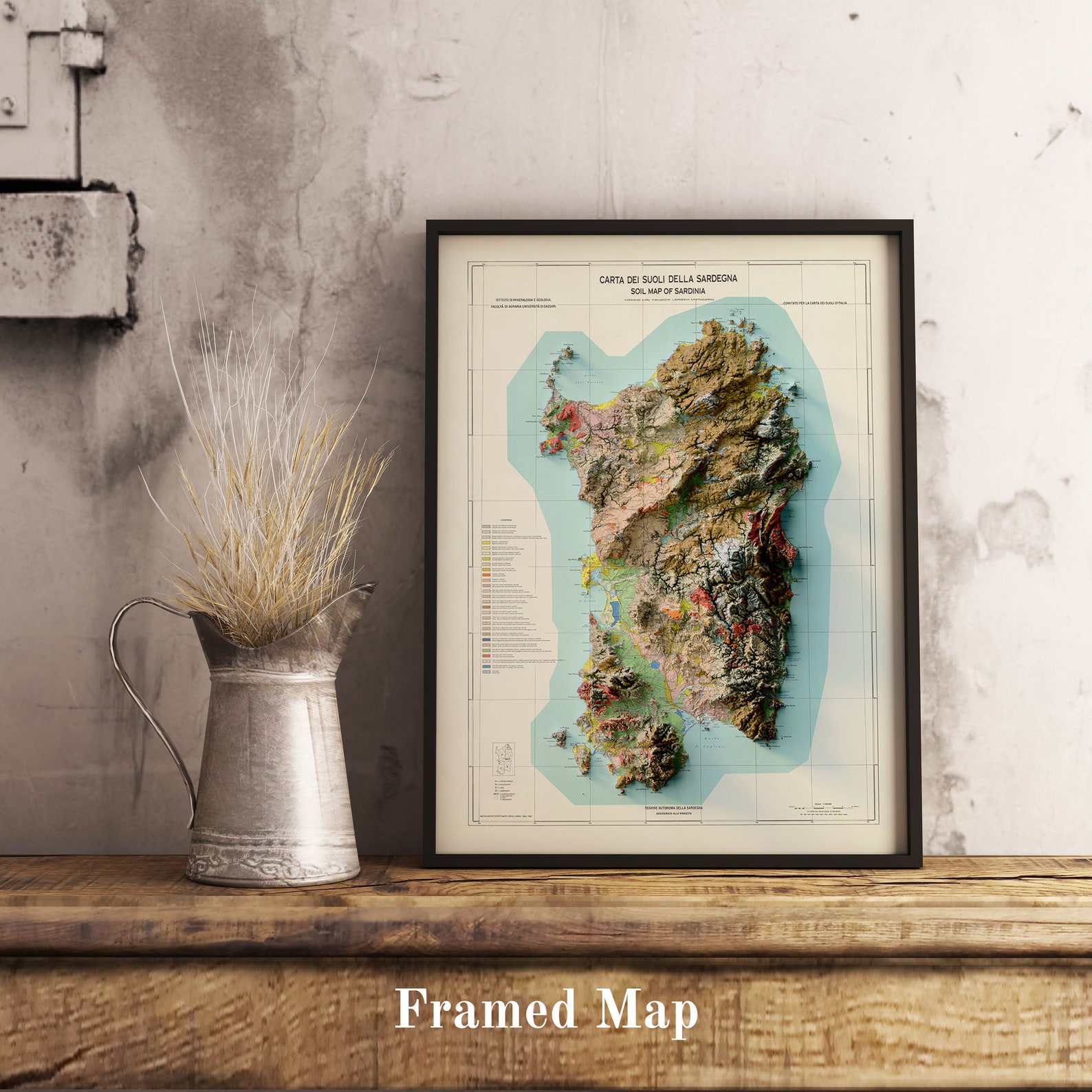 Sardinia Map, Sardegna Map, Sardinia 2D Relief Map, Sardinia Vintage ...