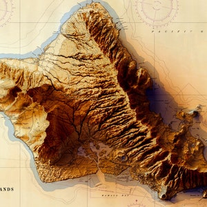 Oahu Island Map (sunset Version), Hawaii 2D Relief Map, Oahu 2D Relief ...