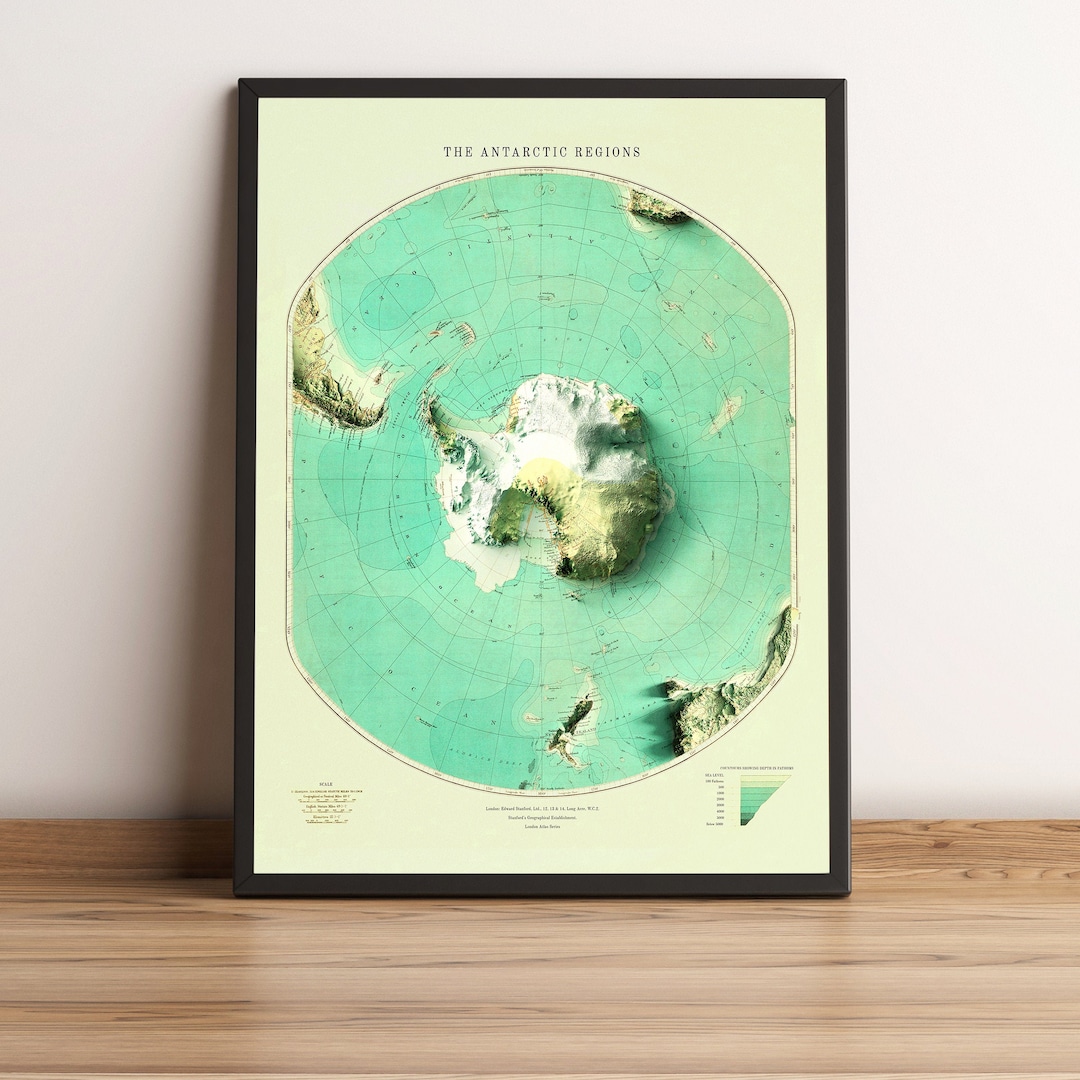 Antarctica Map, Antarctica 2D Relief Map, Antarctica Vintage Map ...