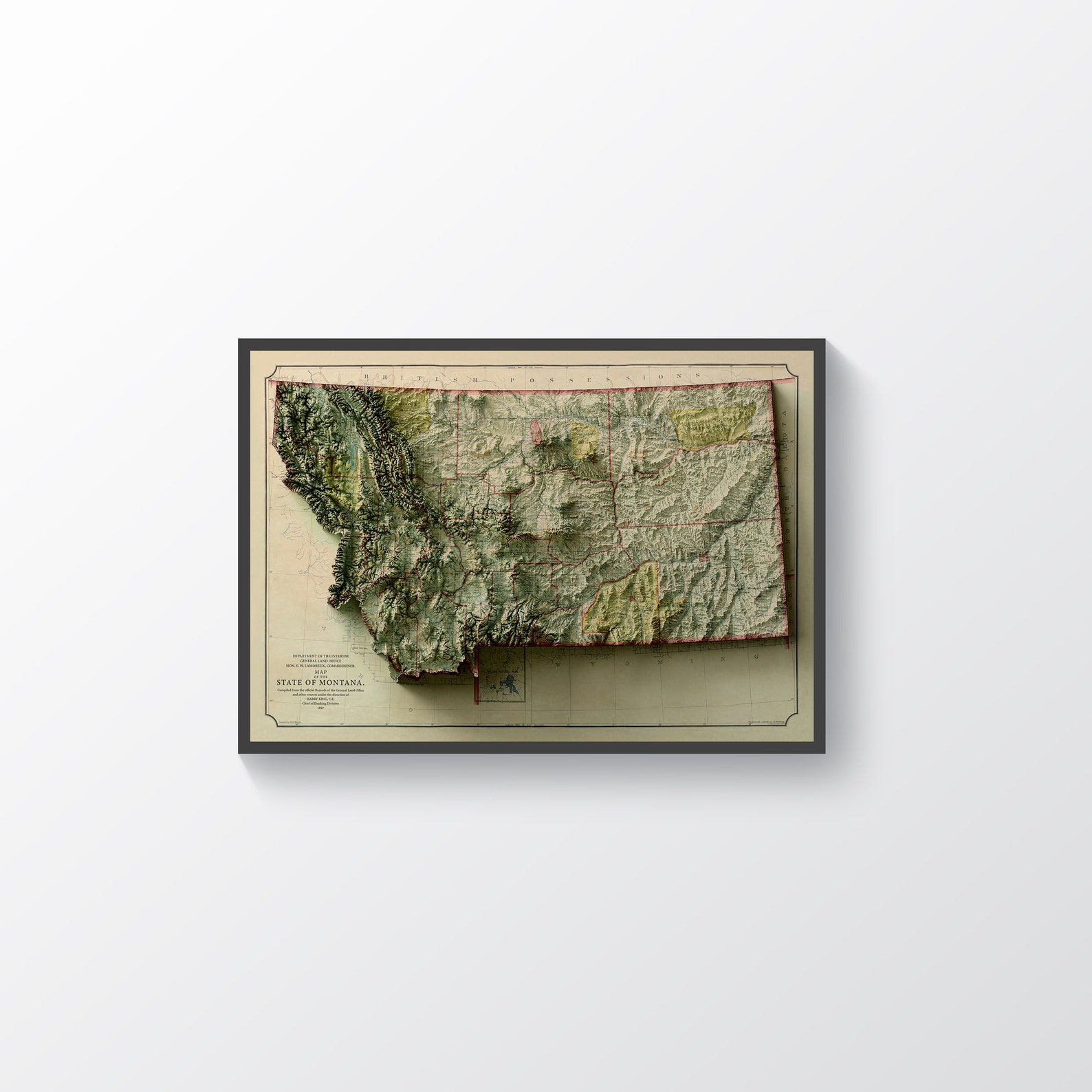 Montana Map, Montana 2D Relief Map, Montana Poster Print, Montana ...
