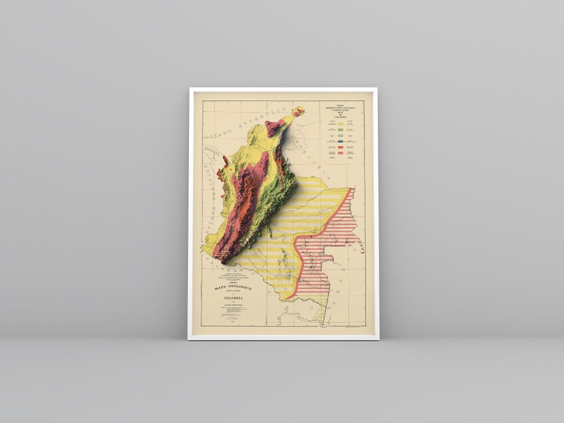 Mapa de Colombia Mapa en relieve 2D de Colombia Mapa vintage - Etsy España