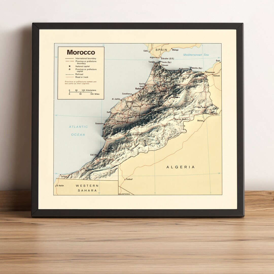 Morocco Map, Morocco 2D Relief Map, Morocco Vintage Map, Morocco Poster ...