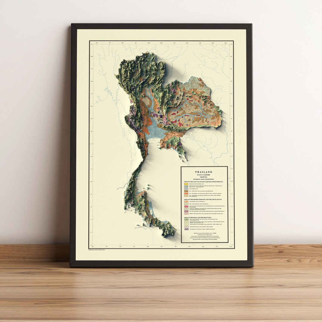 Thailand Map, Thailand 2D Relief Map, Thailand Vintage Gift Map ...