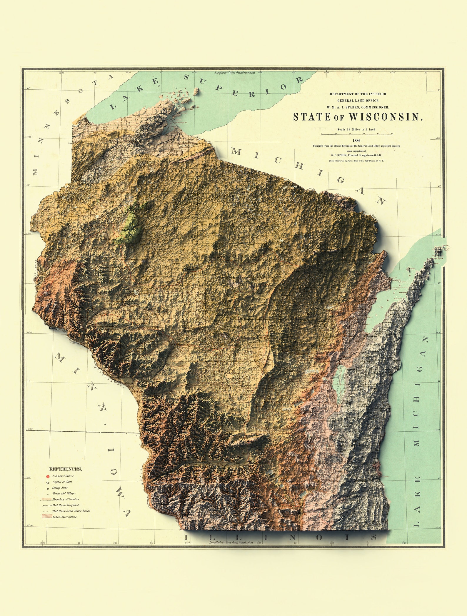 Wisconsin Map Wisconsin 2D Relief Map Wisconsin Vintage Old - Etsy
