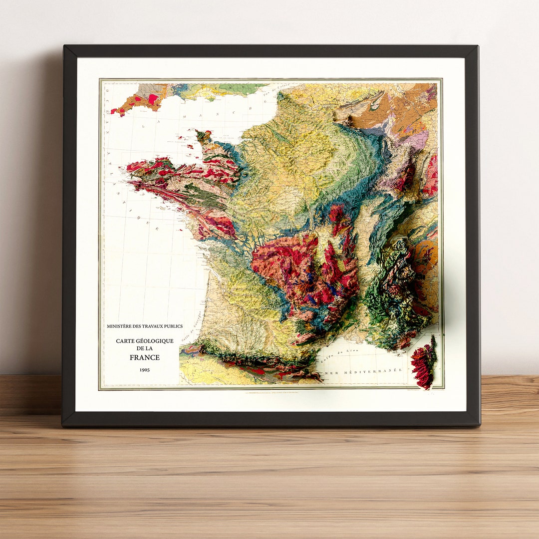 France Map, France 2D Relief Map, France Vintage Map, France Geologic ...