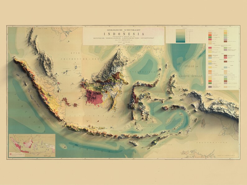 Indonesia Map Indonesia 2D Relief Map Indonesia Vintage Gift - Etsy