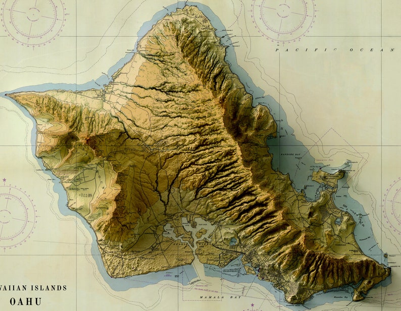 Oahu Map Hawaii Map Oahu Island Map Oahu 2D Relief Map - Etsy