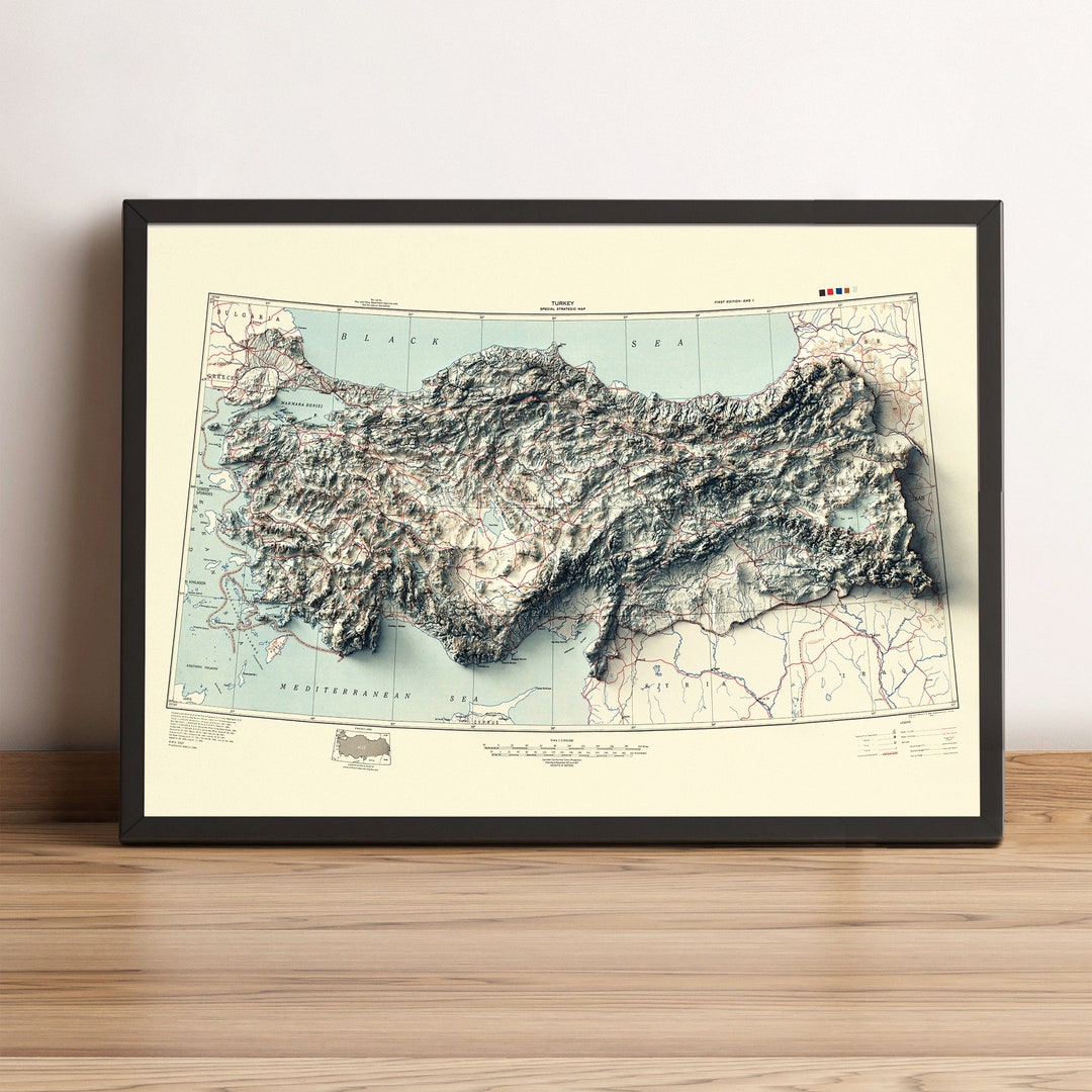 Turkey Map, Turkey 2D Relief Map, Turkey Vintage Map, Turkey Print ...