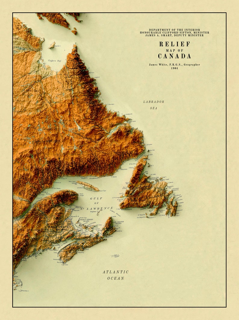 Atlantic Canada Map Canada 2D Relief Map Vintage Map of - Etsy Canada