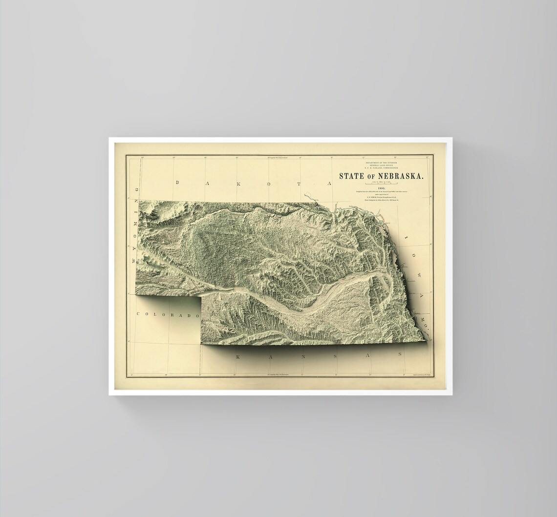 Nebraska Map Nebraska 2D Relief Map Nebraska Vintage Map - Etsy