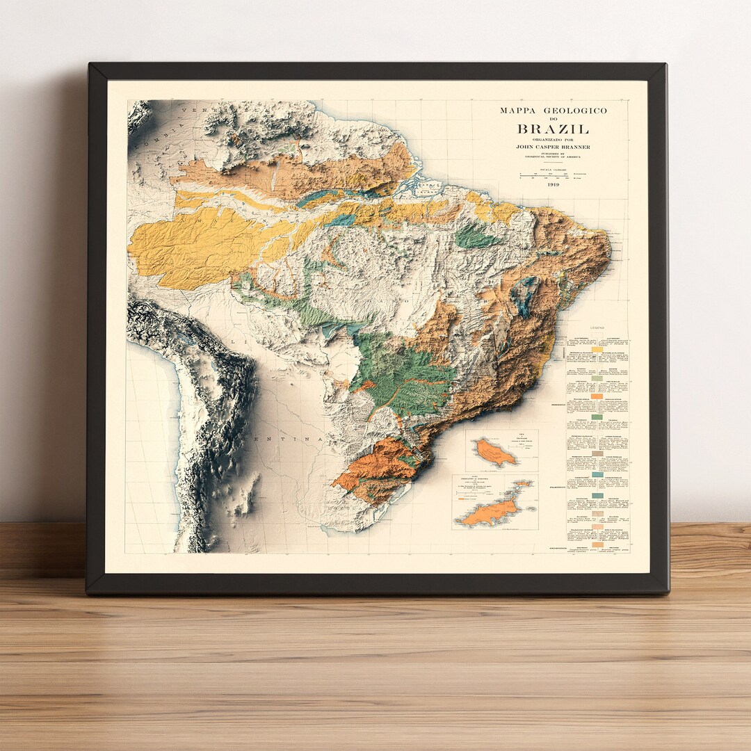 Brazil Map, Brazil 2D Relief Map, Brazil Poster Print, Brazil Vintage ...