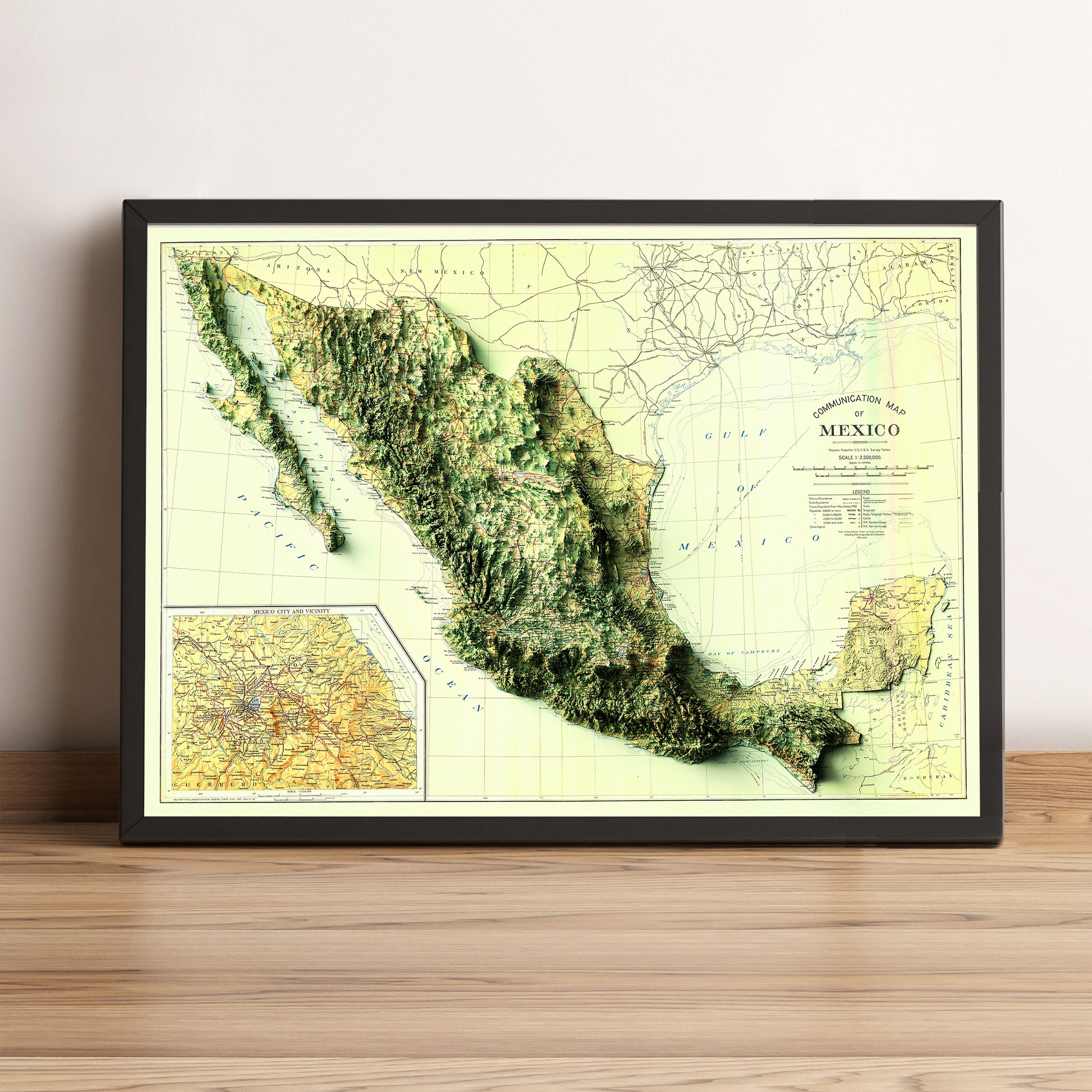 Mexico Map, Mexico 2D Relief Map, Mexico Old Map, Mexico Vintage Map ...