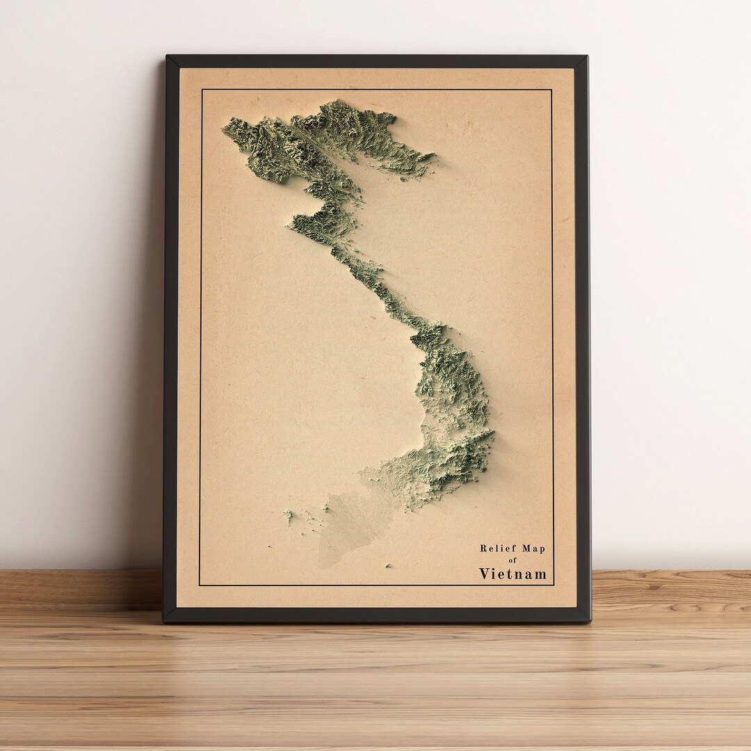 Vietnam Map, Vietnam 2D Relief Map, Vietnam Vintage Map, Vietnam Wall ...