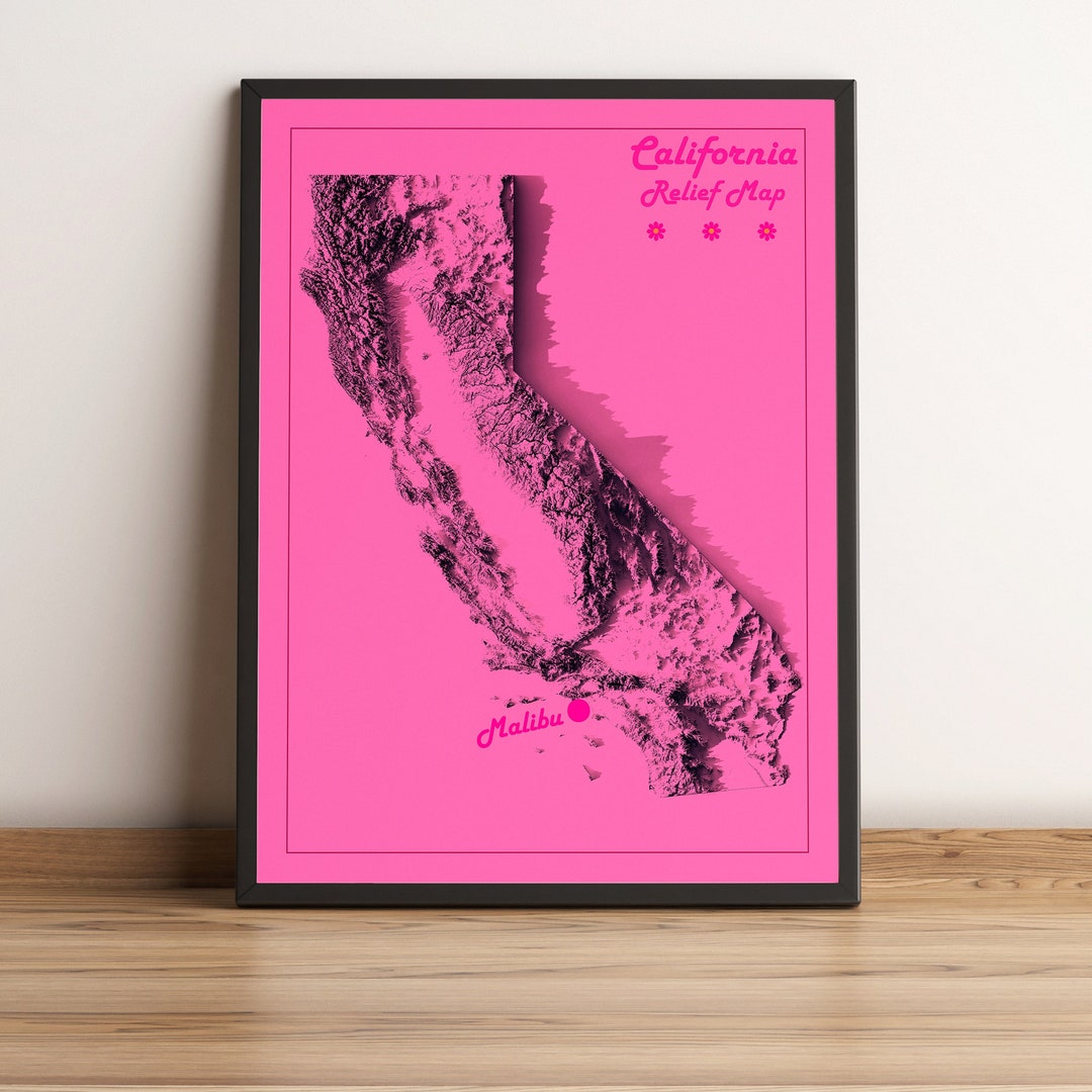 California Pink Relief Map, Malibu Pink 2D Relief Map, Malibu ...