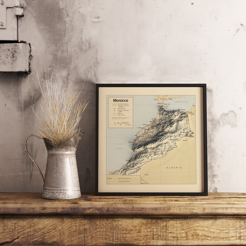 Morocco Map, Morocco 2D Relief Map, Morocco Vintage Map, Morocco Poster ...