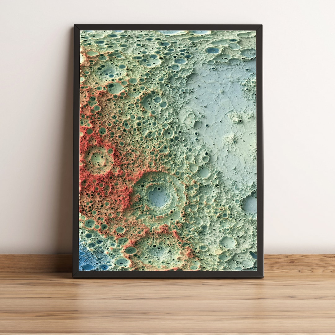 Moon Map, Moon 2D Relief Map, Moon Vintage Map, Moon Framed Art, Moon ...