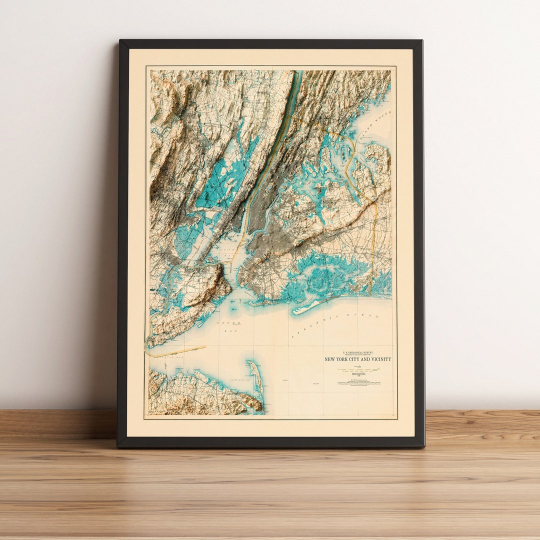 New York City Map, New York 2D Relief Map, NY Vintage Map, New York ...
