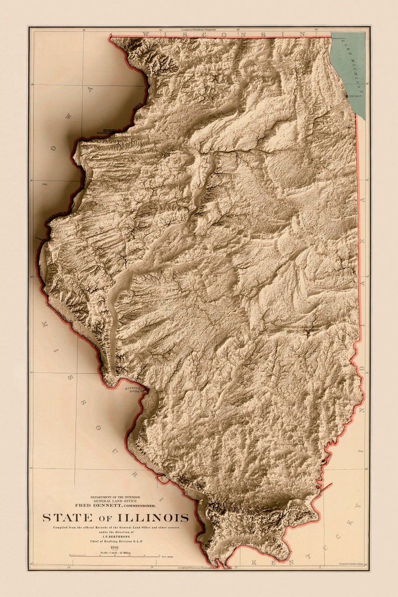 Illinois Map Illinois 2D Relief Map Illinois Vintage Map - Etsy