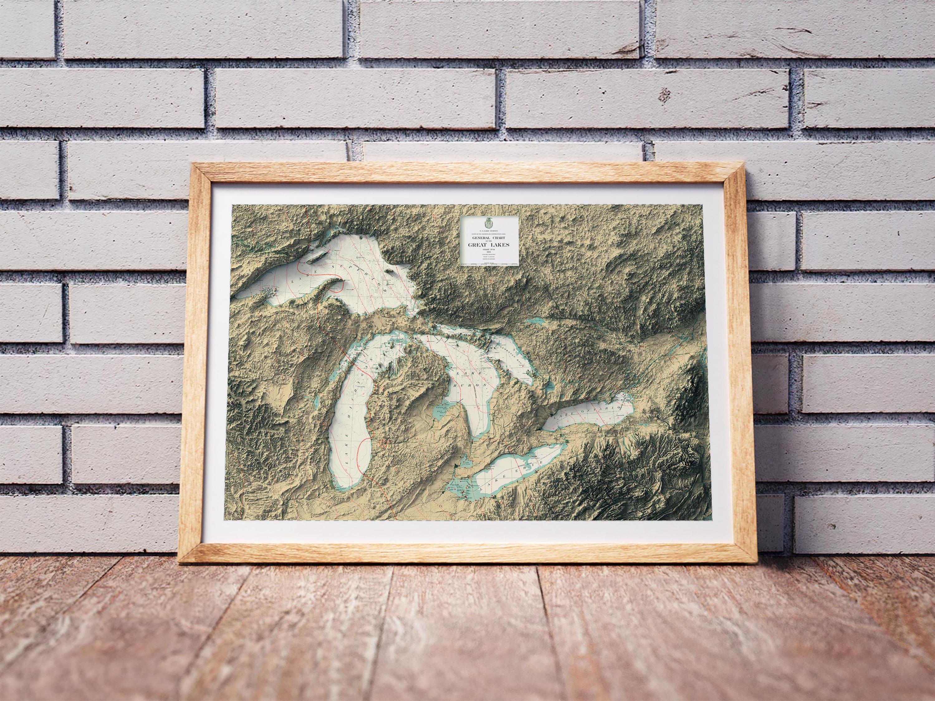 Great Lakes Map, Great Lakes (USA & Canada) 2D Relief Map, Great Lakes ...