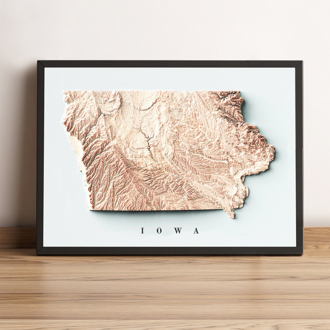 Iowa Map, Iowa 2D Relief Map, Iowa Vintage Map, Iowa Minimalist Map ...