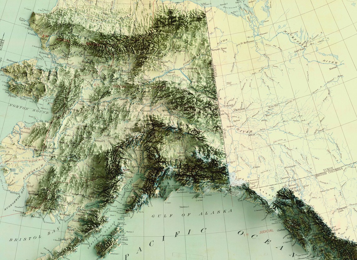 Alaska Map, Alaska 2D Relief Map, Alaska Historical Map, Alaska Vintage ...