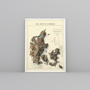 Denmark Map, Denmark 2D Relief Map, Denmark Vintage Map, Danmark Poster ...