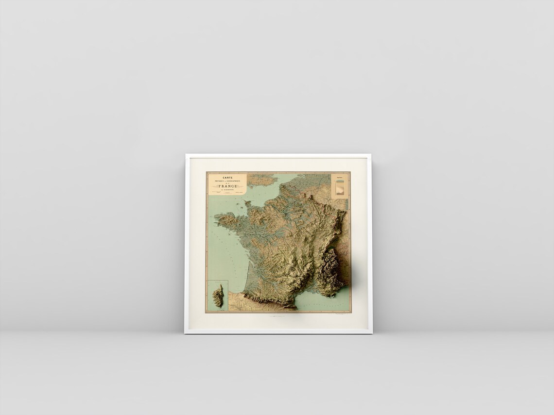 France Map, France 2D Relief Map, France Vintage Map, France Geologic ...