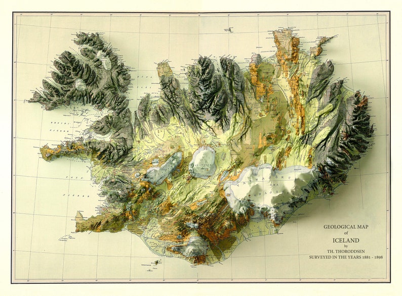Iceland Map Iceland 2D Relief Map Iceland Geological Map - Etsy
