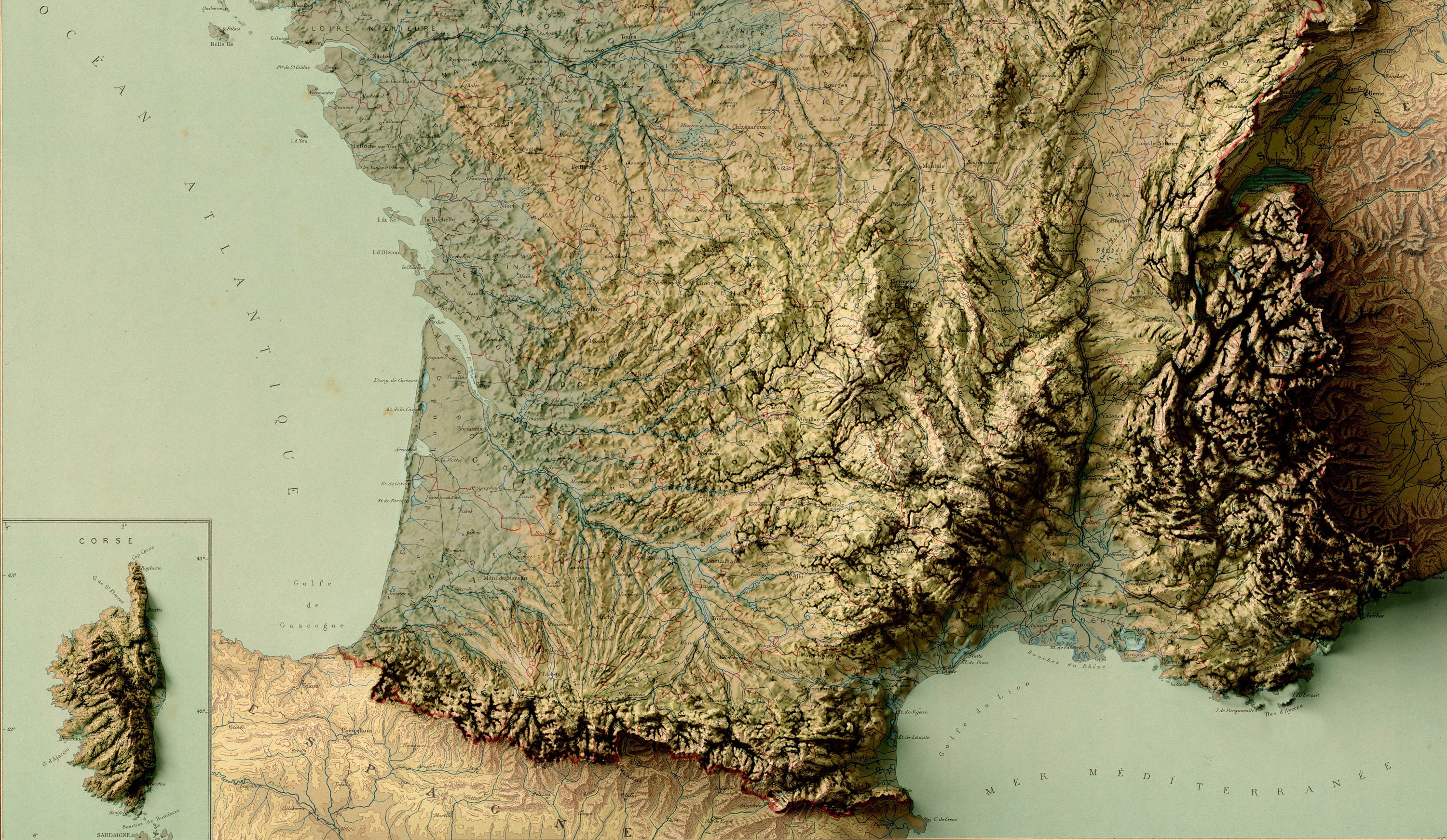 France Map, France 2D Relief Map, France Vintage Map, France Geologic ...