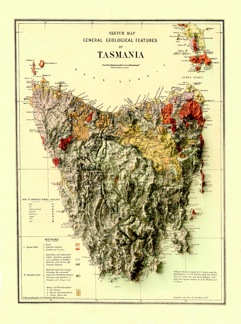 Tasmania Map Tasmania 2D Relief Map Tasmania Geological Map - Etsy