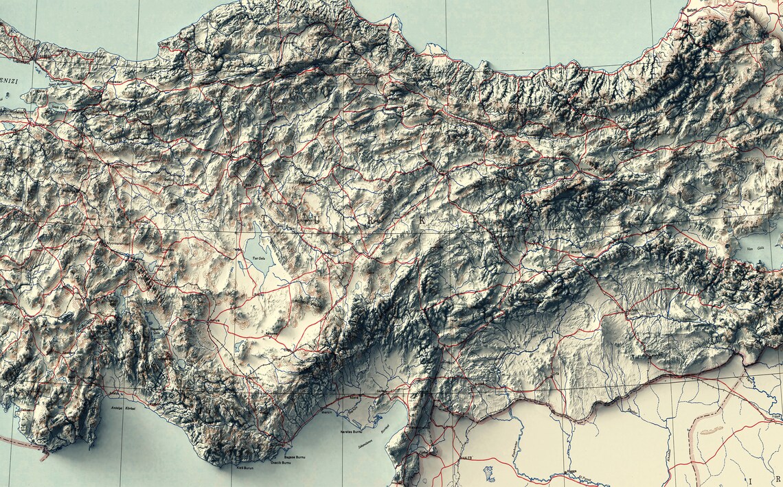 Turkey Map Turkey 2D Relief Map Turkey Vintage Map Turkey - Etsy