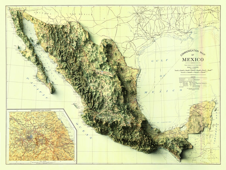 Mexico Map Mexico 2D Relief Map Mexico Old Map Mexico - Etsy Finland