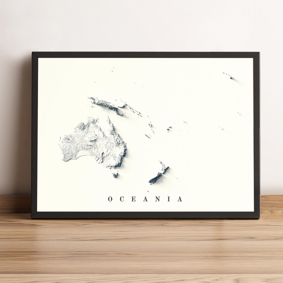 Oceania Map, Oceania 2D Relief Map, Oceania Minimalist Poster, Oceania ...