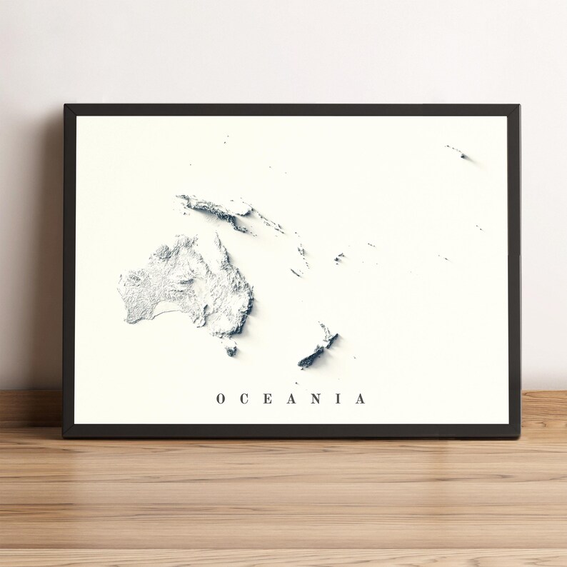 Oceania Map, Oceania 2D Relief Map, Oceania Minimalist Poster, Oceania ...