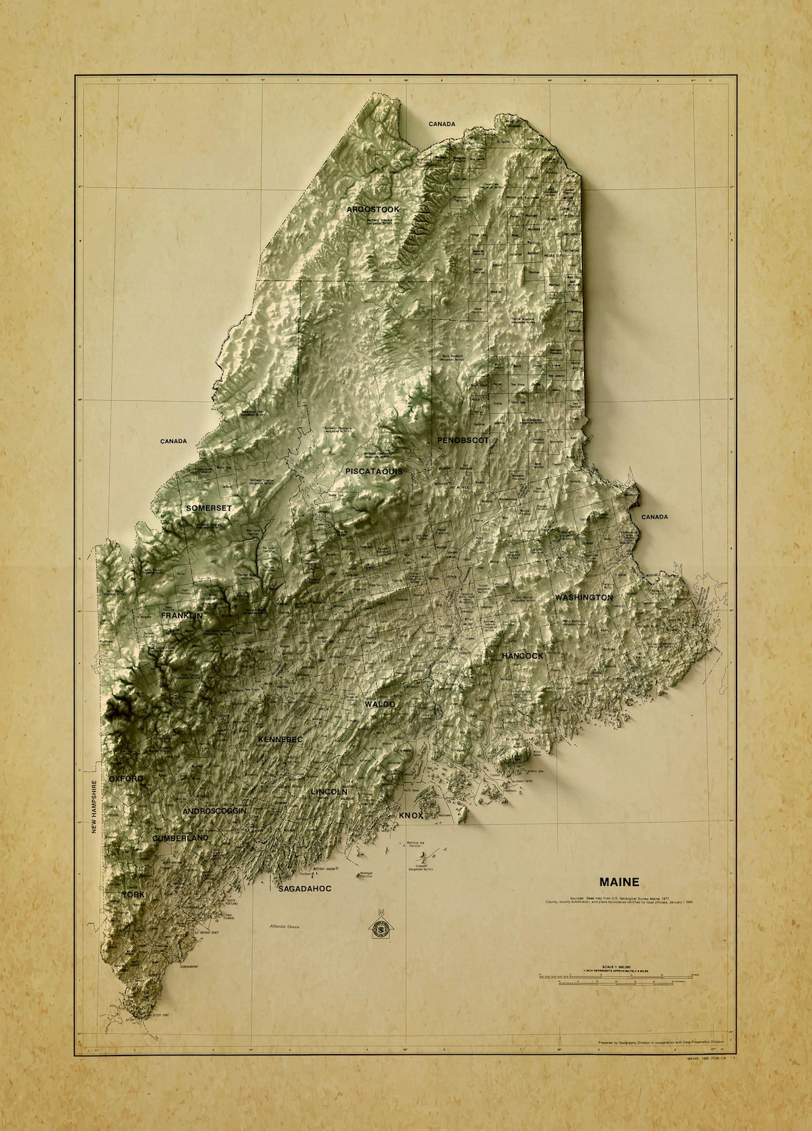 Maine Map Maine 2D Relief Map Maine Vintage Map Maine - Etsy