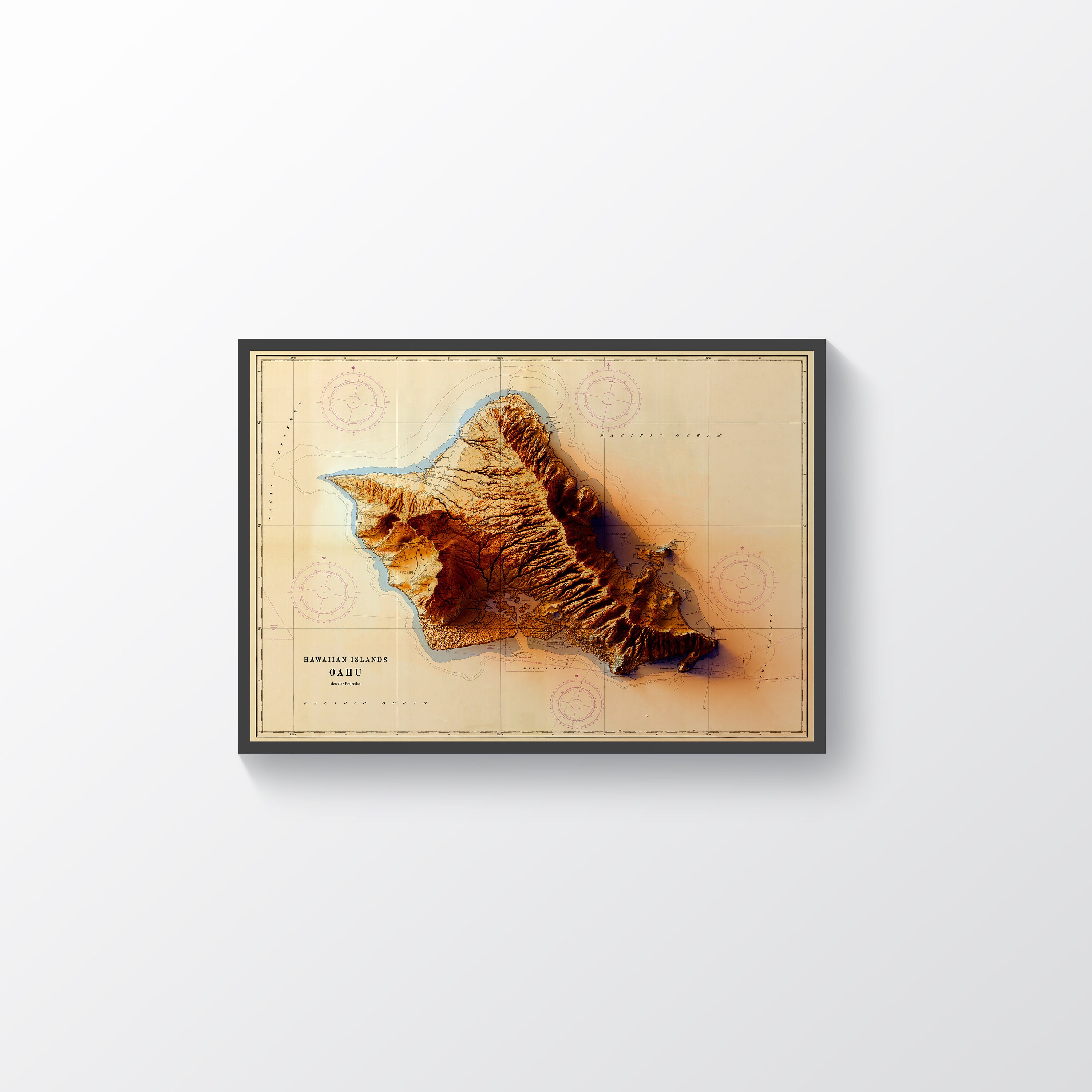 Oahu Island Map sunset Version Hawaii 2D Relief Map Oahu - Etsy
