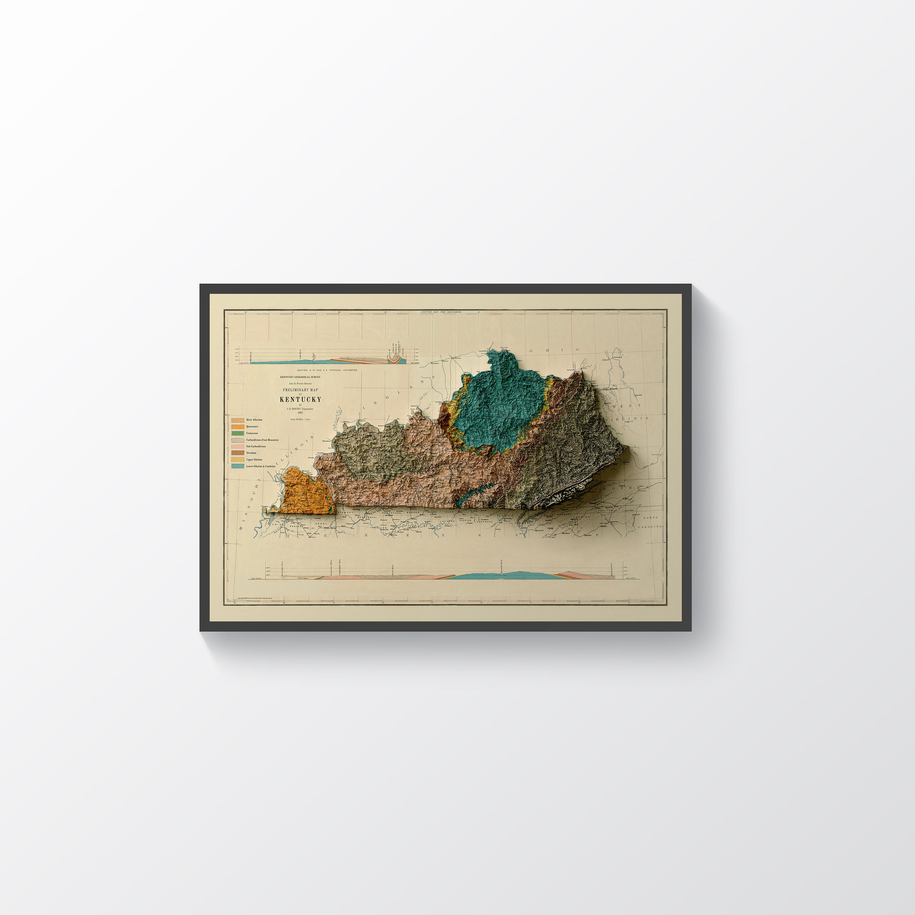 Kentucky Map, Kentucky 2D Relief Map, Kentucky Vintage Map, Kentucky ...